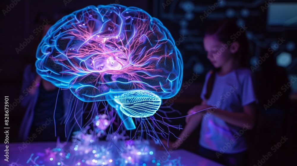 Interactive holographic display of human brain in classroom. Vibrant ...