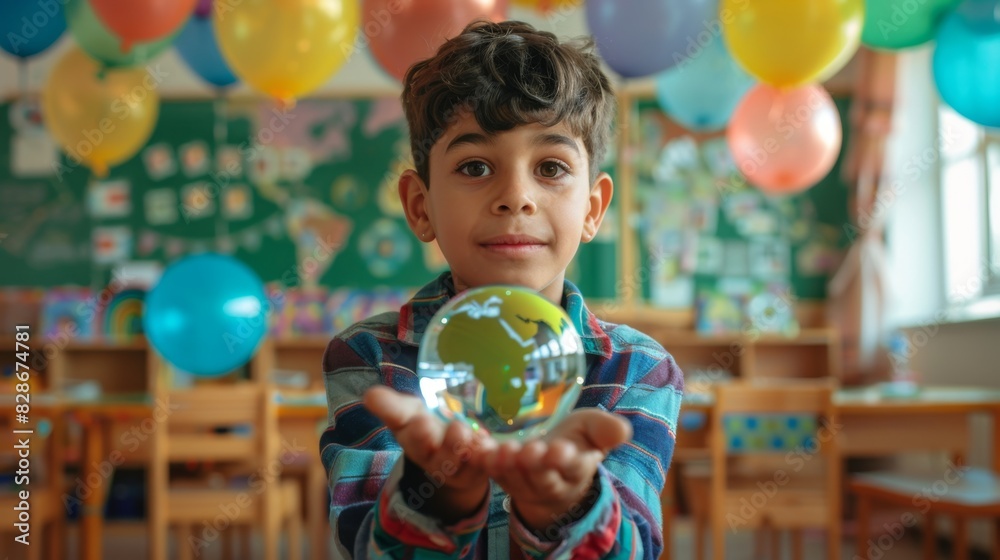 Children's Day Delight - Student Holding Glowing Earth Globe in Classroom, Environmental ...