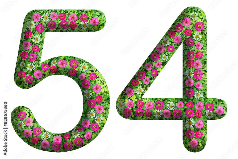 3d of the number 54 is made of green grass and beautiful flower ...