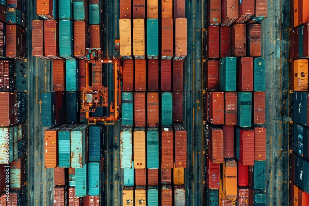 stacking of container cargo in a harbor illustrates the business ...