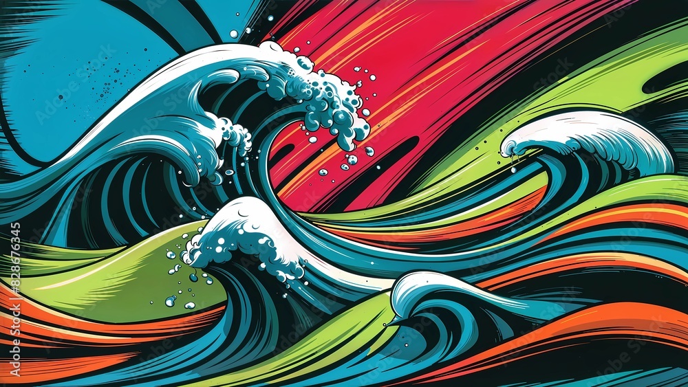 Dynamic Graffiti-Style Ocean Illustration with Bold Neon Colors and ...