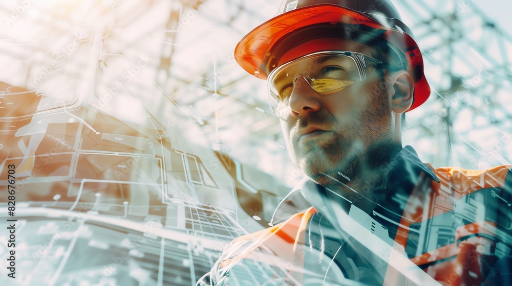 Construction worker wearing safety glasses and hard hat, looking ...