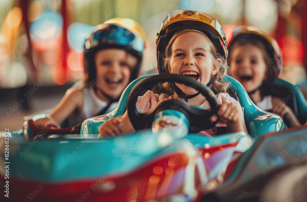 A group of children driving go-karts at an amusement park, laughing and ...