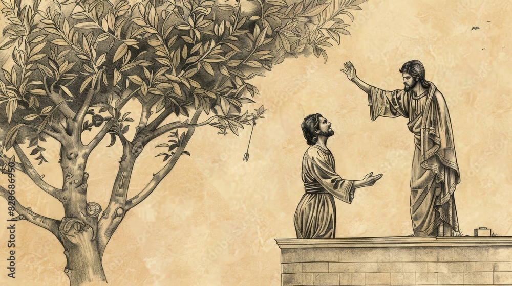 Zacchaeus Called Down from Sycamore Tree by Jesus, Conversion and Visit ...