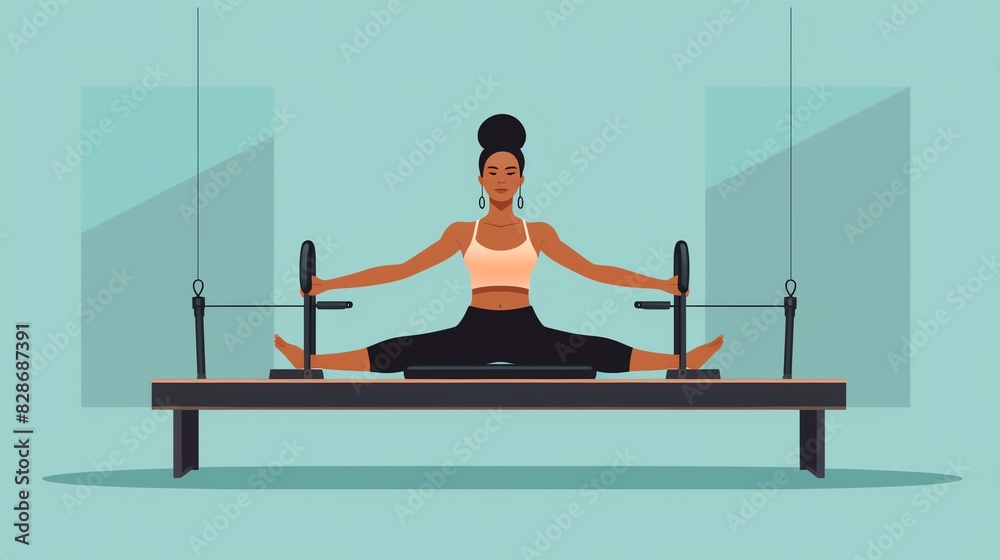 Vector illustration of a woman practicing Pilates on a reformer machine ...