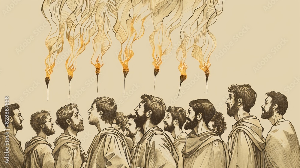 Holy Spirit Baptism at Pentecost, Tongues of Fire, Disciples, Crowd ...