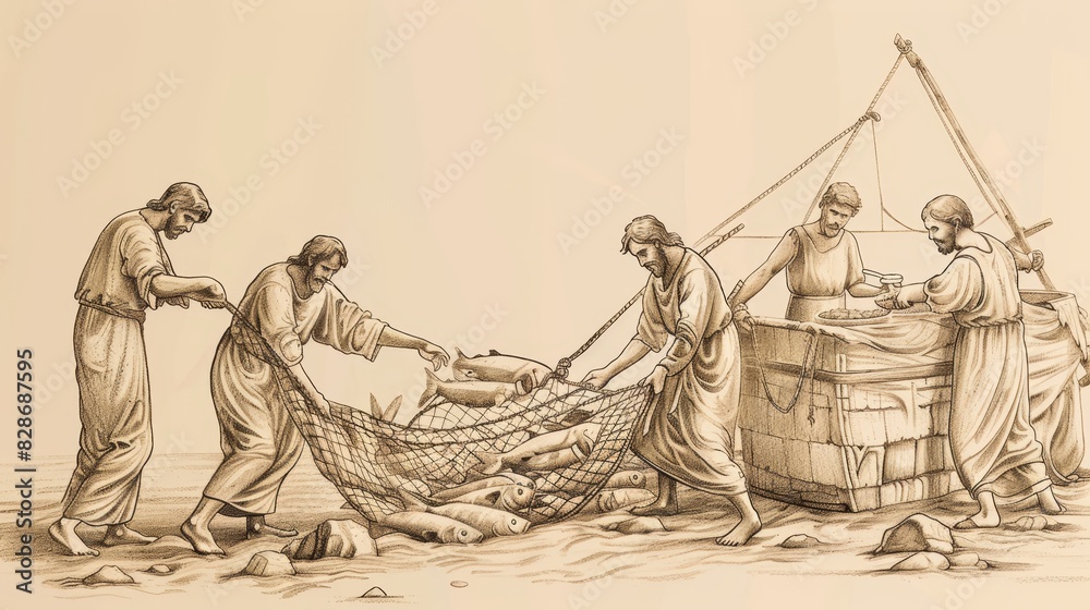 Peter Hauling Net Bursting with Fish at Jesus Command, Miraculous Catch ...