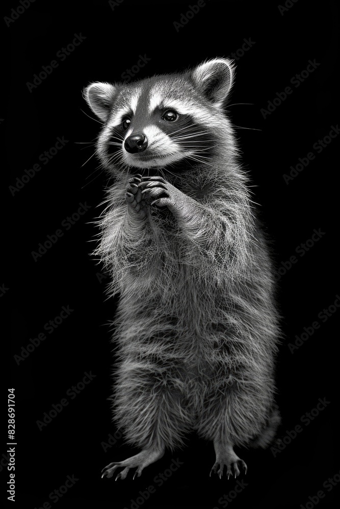 Una imagen en blanco y negro de un lindo mapache parado sobre sus patas ...