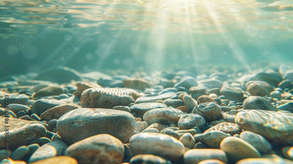 Smooth rocks and underwater light reflection, river stone texture ...