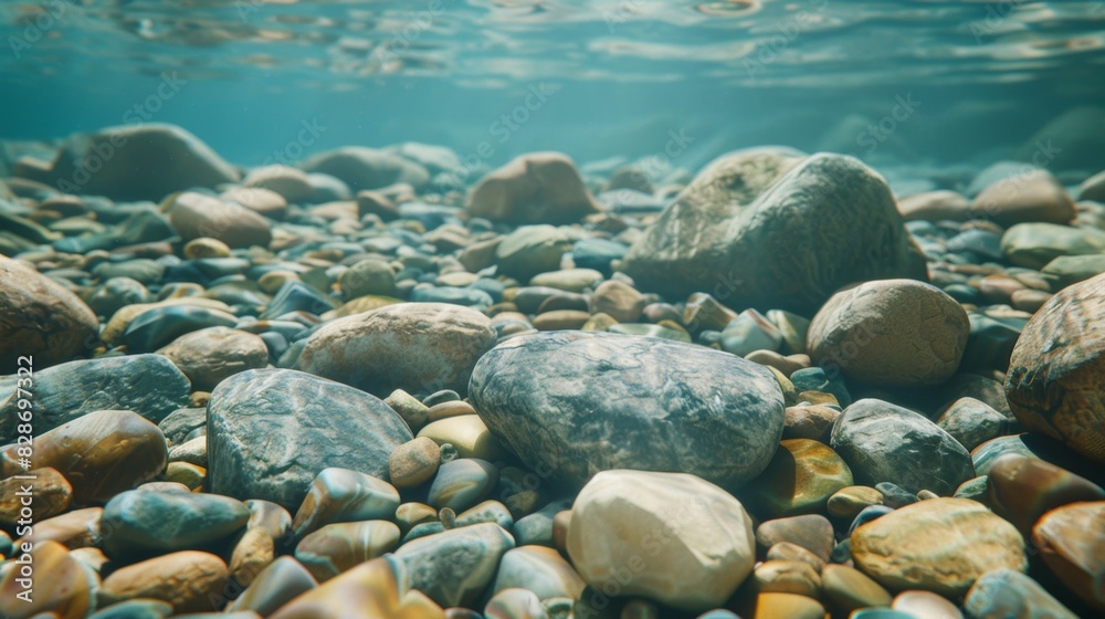 Smooth rocks and underwater light reflection, river stone texture ...