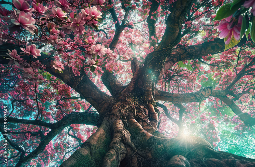 The pink tree of life blooms in the sky, with huge branches reaching up ...