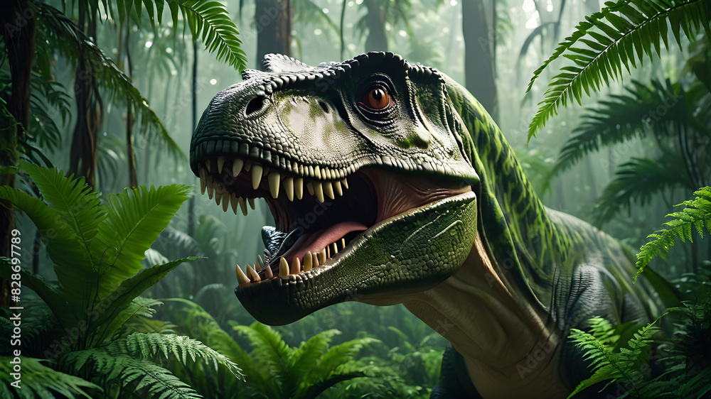 Dinosaur t-rex portrait deep jungle rainforest fern trees realistic ...