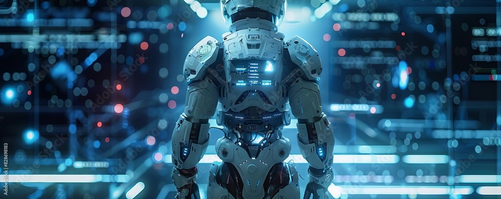 Engineers working on an exoskeleton suit, front view, enhancing human ...