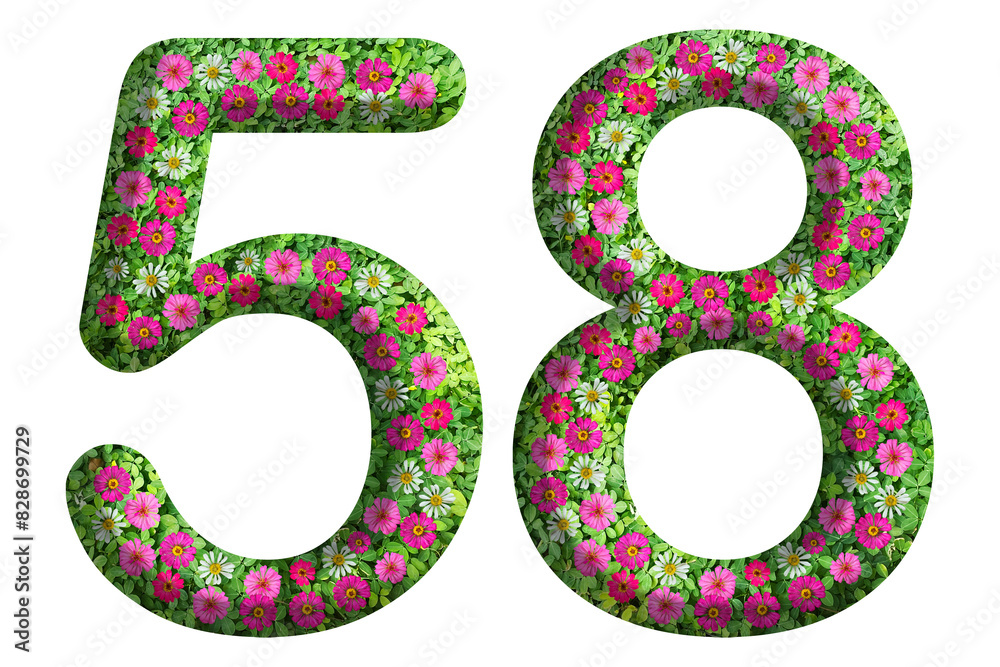 3d of the number 58 is made of green grass and beautiful flower ...
