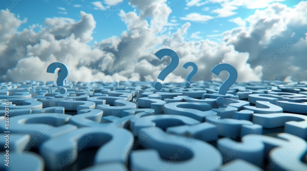 Enigmatic clouds hovering over an ocean of question marks Stock ...