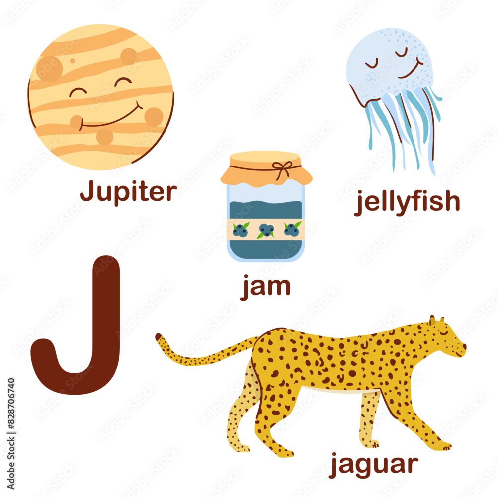 Preschool english alphabet. J letter. jaguar, Jupiter, jellyfish, jam, jelly. Alphabet design in ...