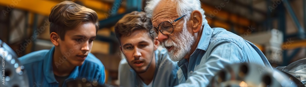 Older worker mentoring younger employees on new machinery, industrial ...