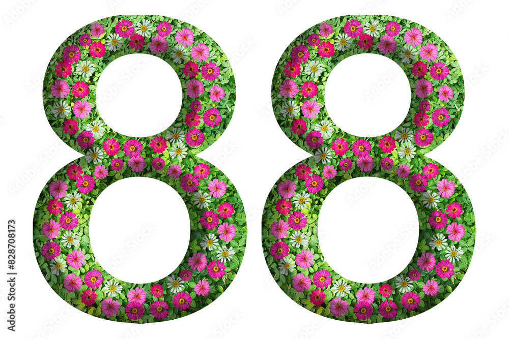 3d of the number 88 is made of green grass and beautiful flower ...
