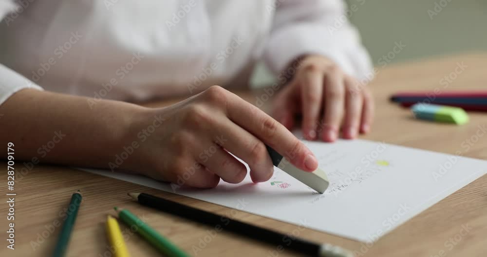 Closeup of female hands using rubber erase pencil drawing on table at ...