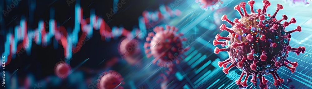 Stock market crash graph with virus icons, close up, focus on, striking ...