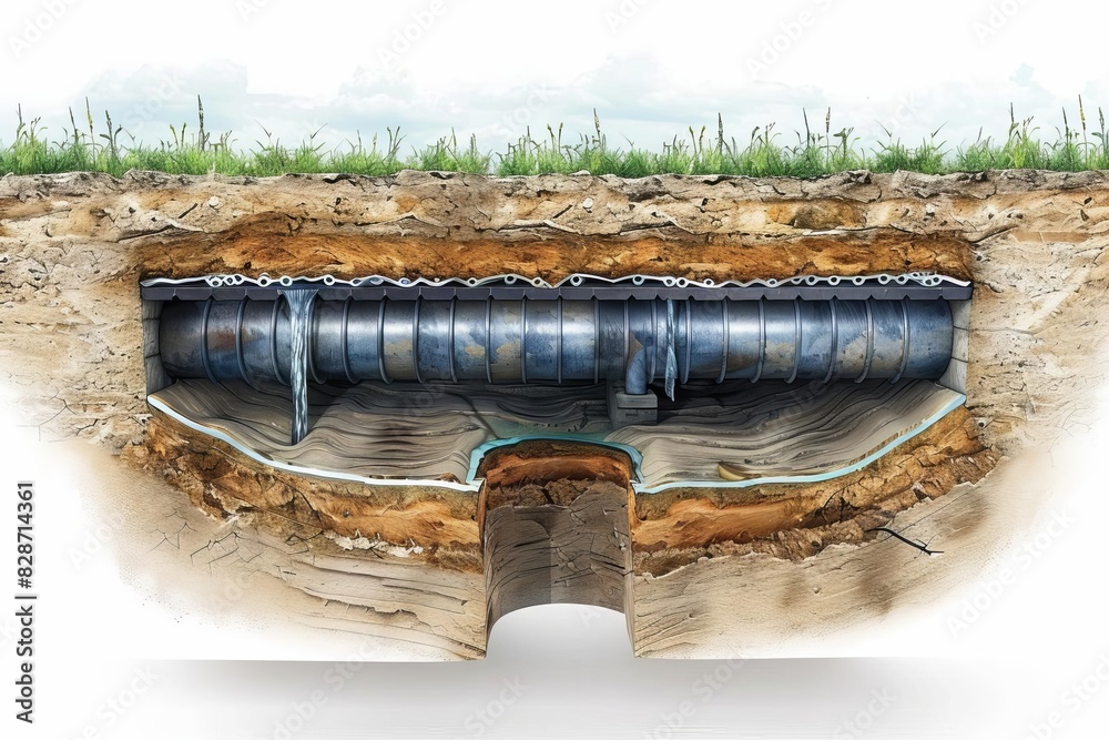 Cross sectional illustration of an underground water pipeline, showing ...