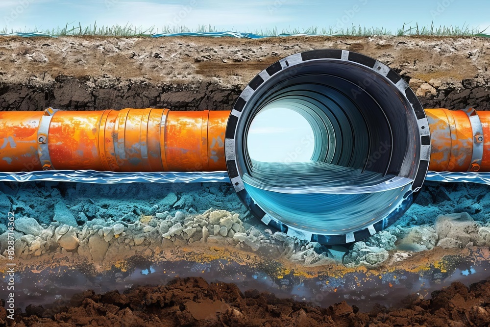 Cross sectional illustration of an underground water pipeline, showing ...