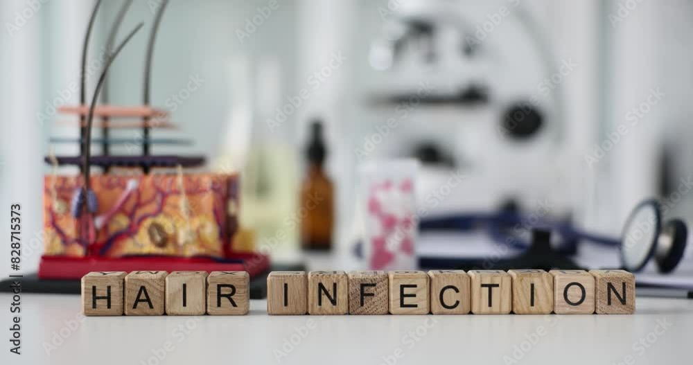 Word hair infection with pills and a microscope in laboratory ...