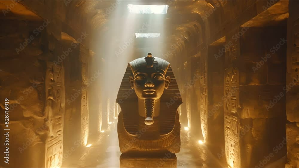 A mysterious scene inside a pyramids hidden chamber where artifacts ...