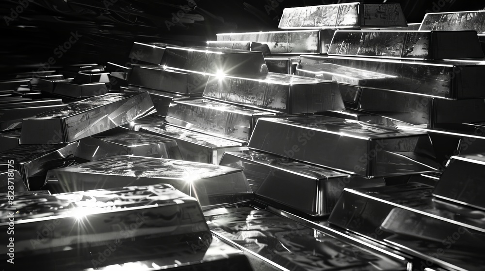 Reflective surfaces of a massive silver bar pile, capturing light rays ...