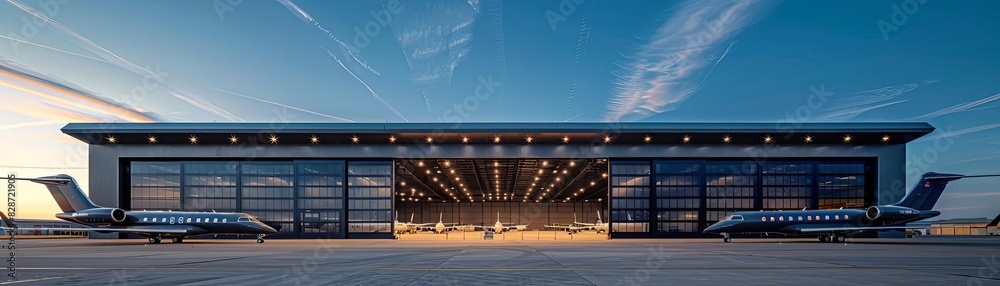 Design a modern private jet hangar with a large door that opens to ...