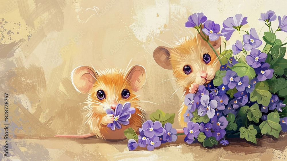 Two little field mice with spring flowers, cute background with place ...