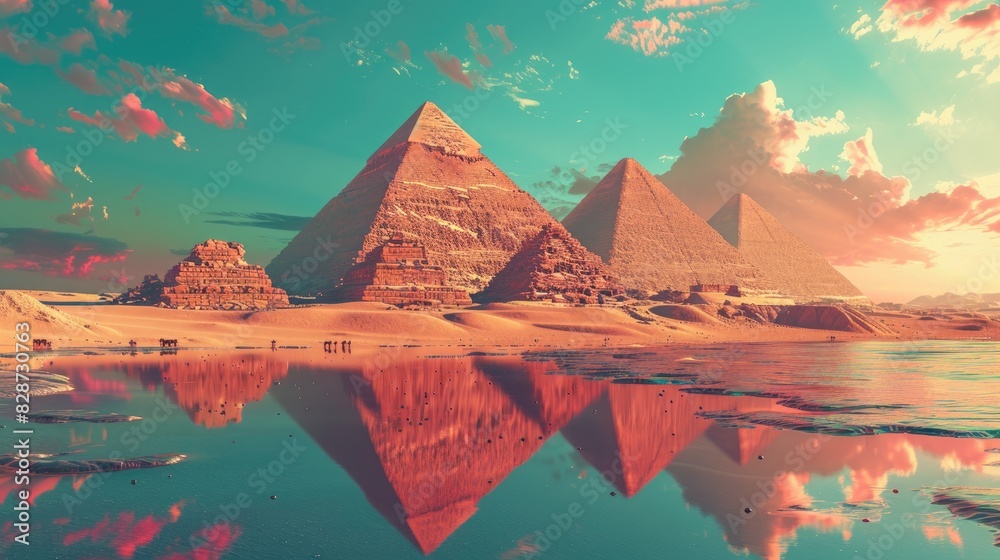The image shows the Giza pyramid complex in Egypt, with the pyramids ...