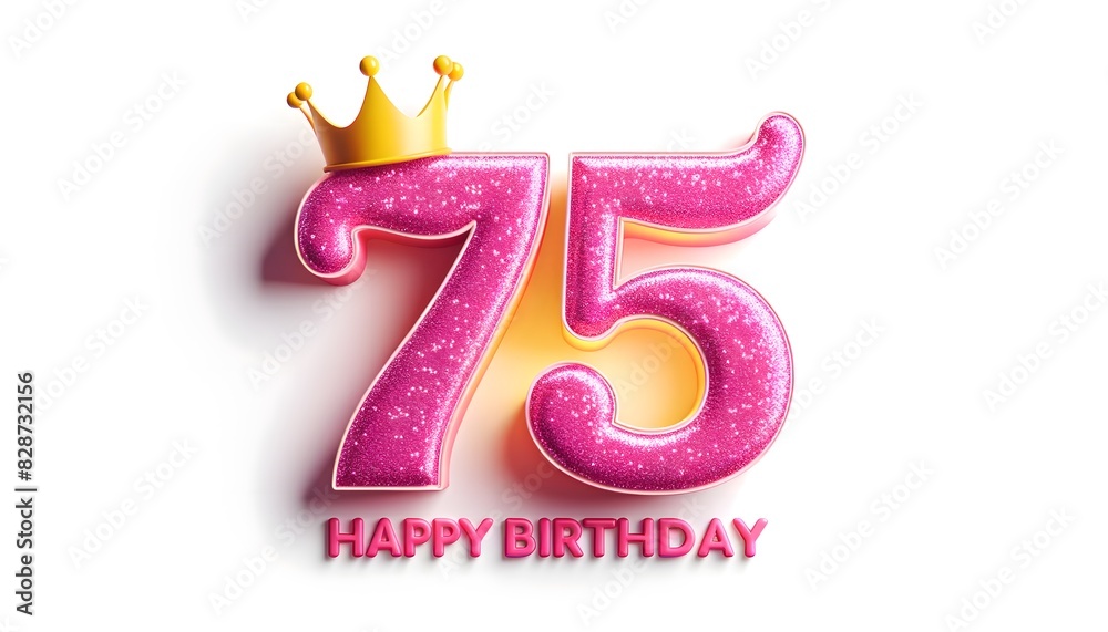 75th Birthday Graphic with Pink Glitter, Yellow Crown, and 3D 'Happy ...