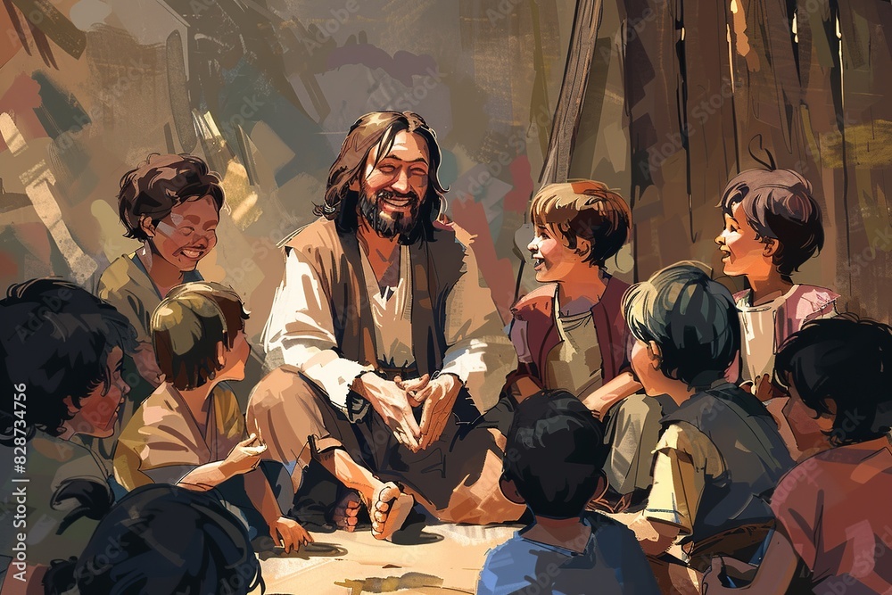 Jesus lovingly interacting with children. Ideal for themes of faith ...