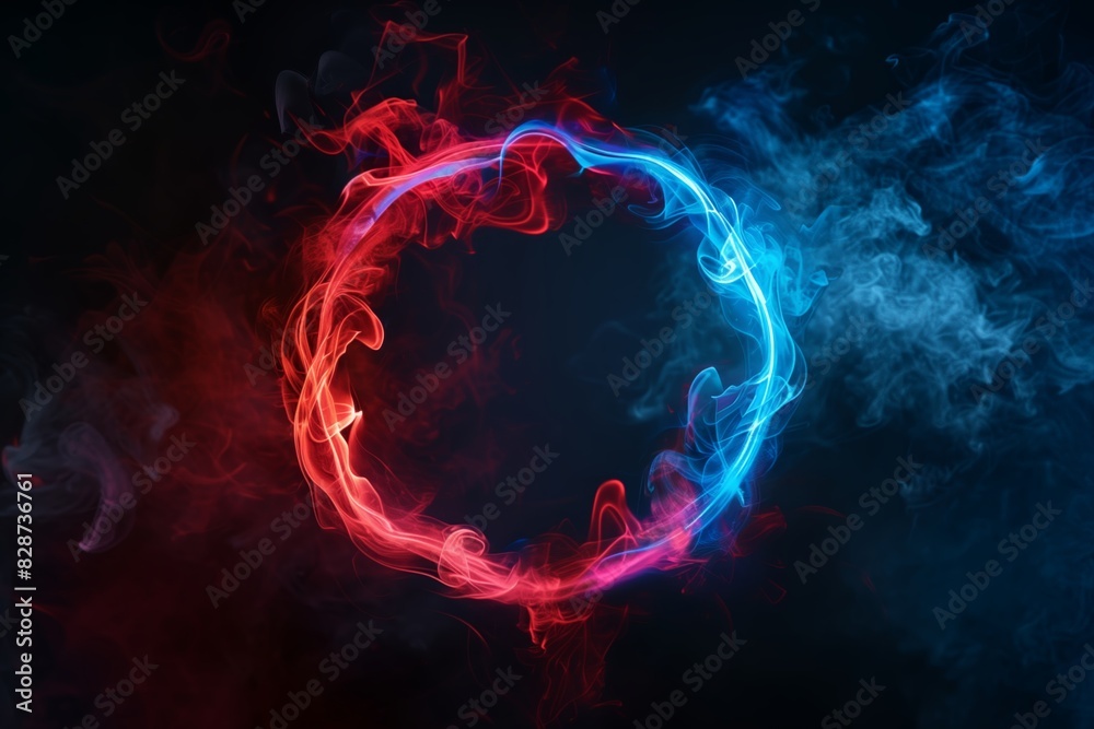 Dynamic circle of red and blue smoke against a dark background ...