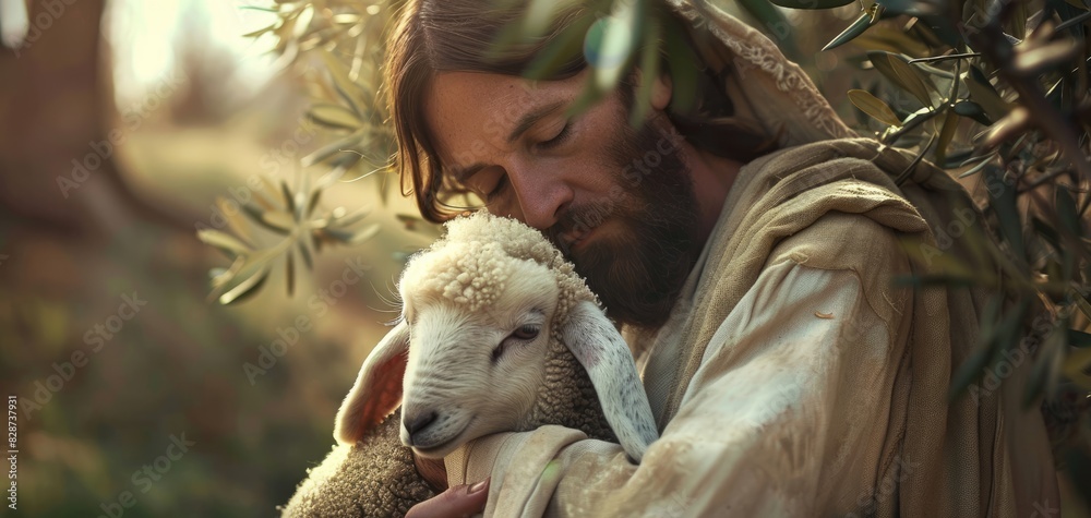 Jesus Christ gently holding a lamb in his arms, comforting the animal ...