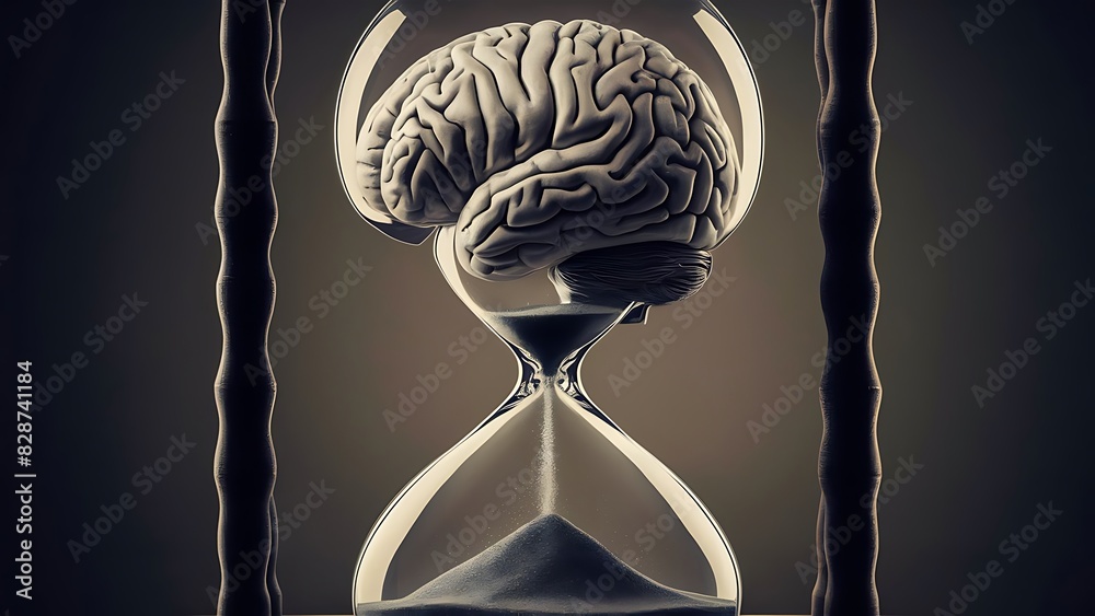 Human brain in hourglass, medical and psychology concept, brain aging ...