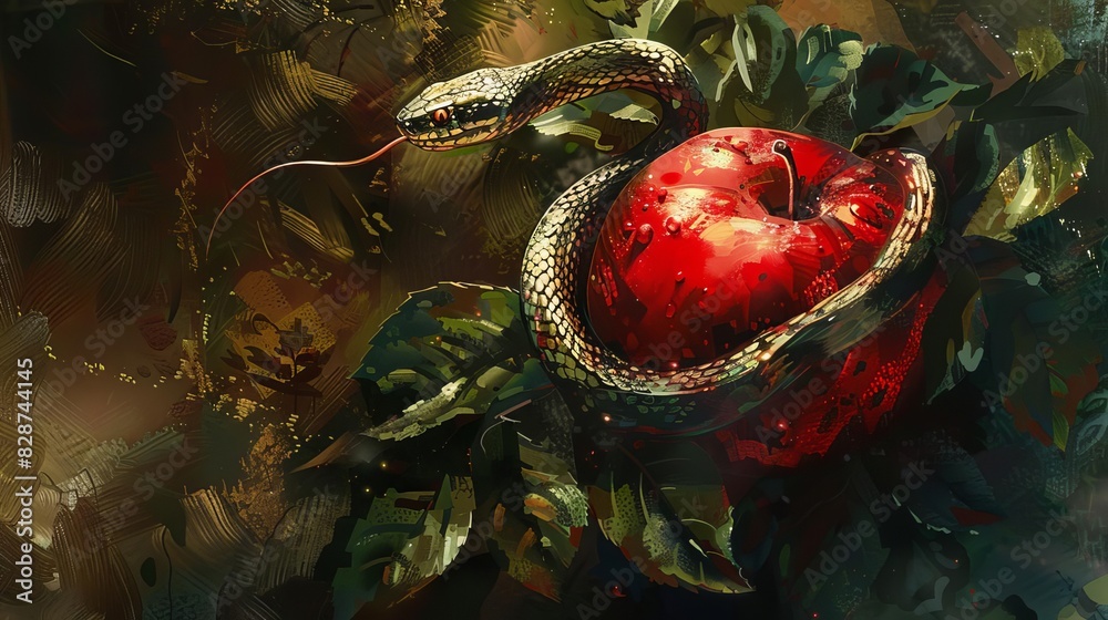 forbidden fruit serpent coiled around red apple adam and eve concept digital painting Stock ...