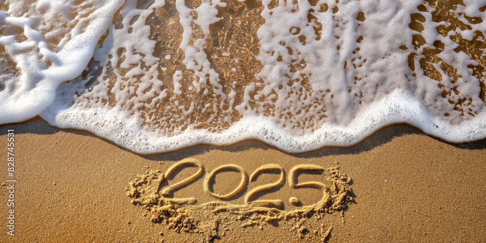 The year 2025 is written in the sand of a beach being gently washed ...