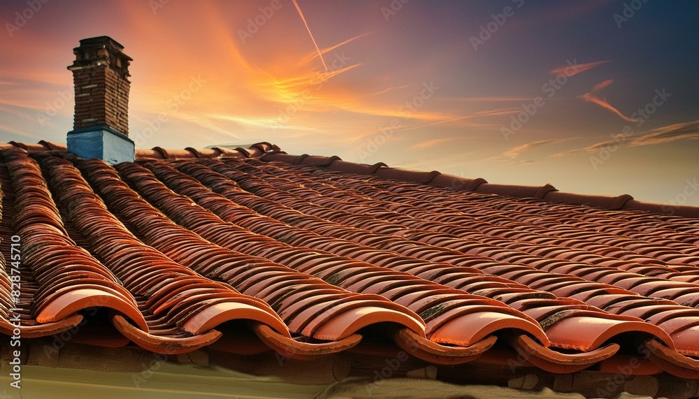 Sloped red clay tile roof with round beaver tail edge Stock Photo ...