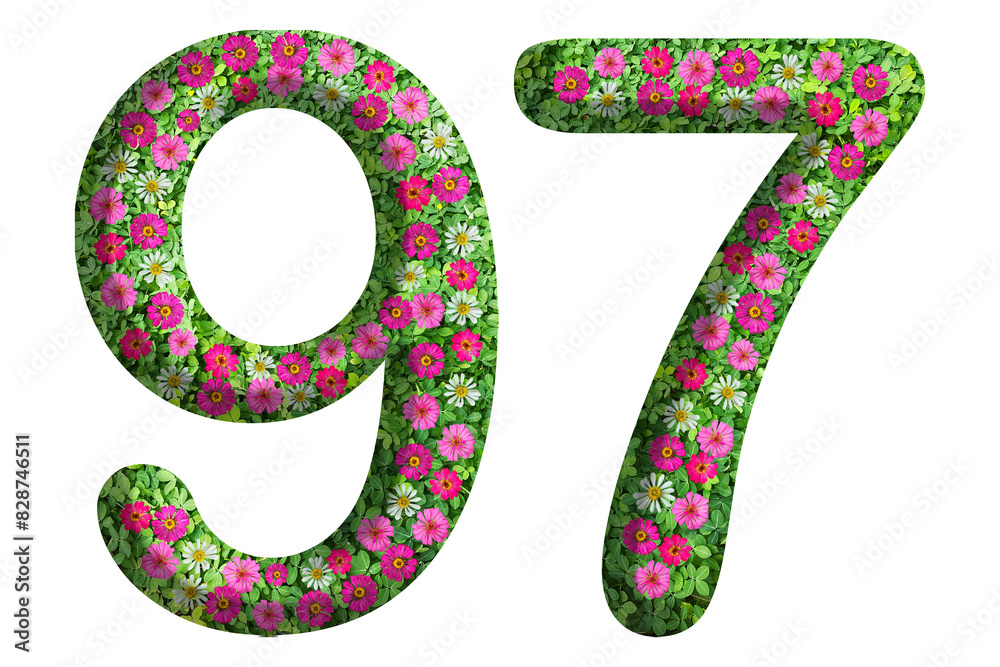 3d of the number 97 is made of green grass and beautiful flower ...