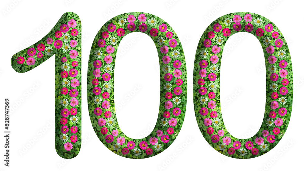 3d of the number 100 is made of green grass and beautiful flower ...