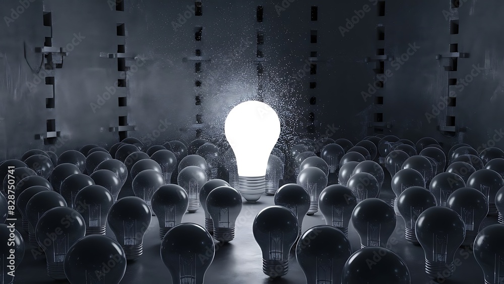 One of Lightbulb glowing among shutdown light bulb in dark area with ...