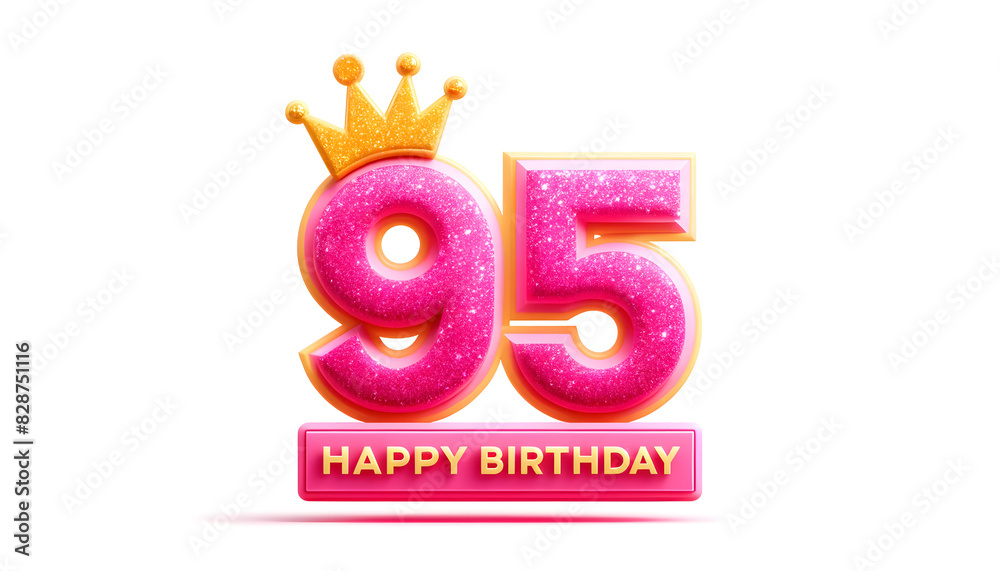 95th Birthday Graphic with Pink Glitter, Yellow Crown, and 3D 'Happy ...