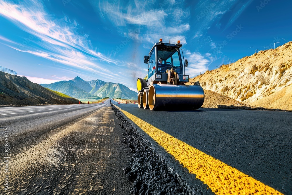 Road Roller Working on New Asphalt Road Construction under Clear Blue ...