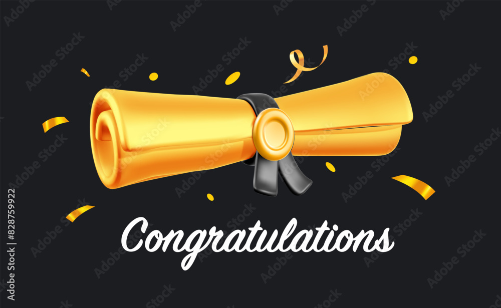 Vector illustration of golden graduate diploma paper scroll with wax ...