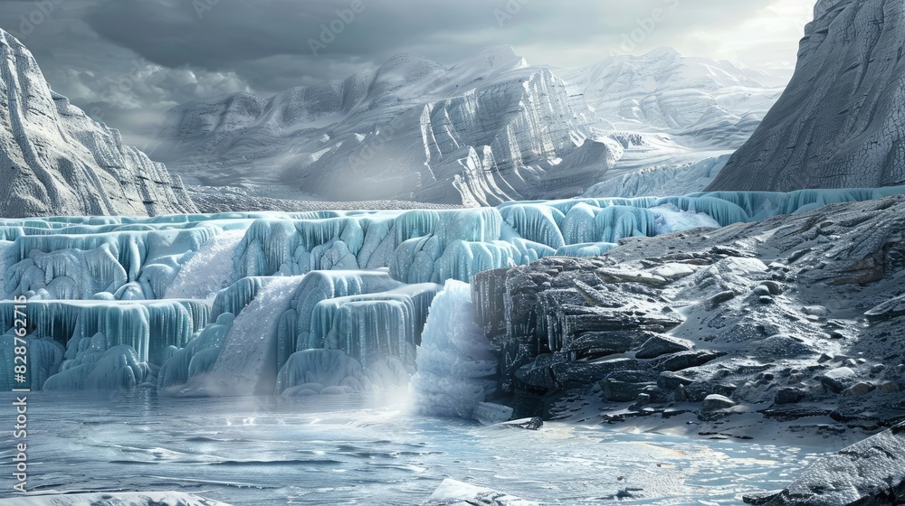 Breathtaking icy landscape with massive glaciers, cascading waterfalls ...