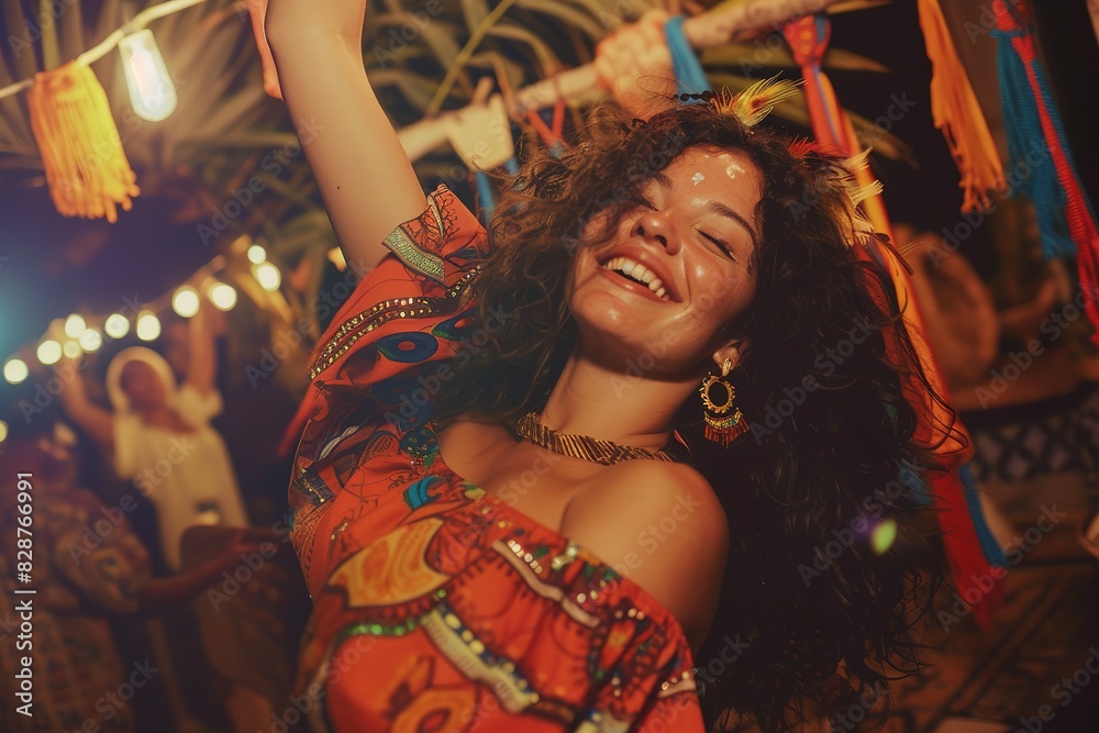Joyful woman dancing at a Festa Junina celebration in Brazil. Stock ...
