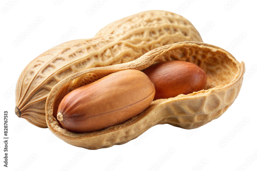 An opened peanut shell displaying two peanuts inside, isolated on a ...