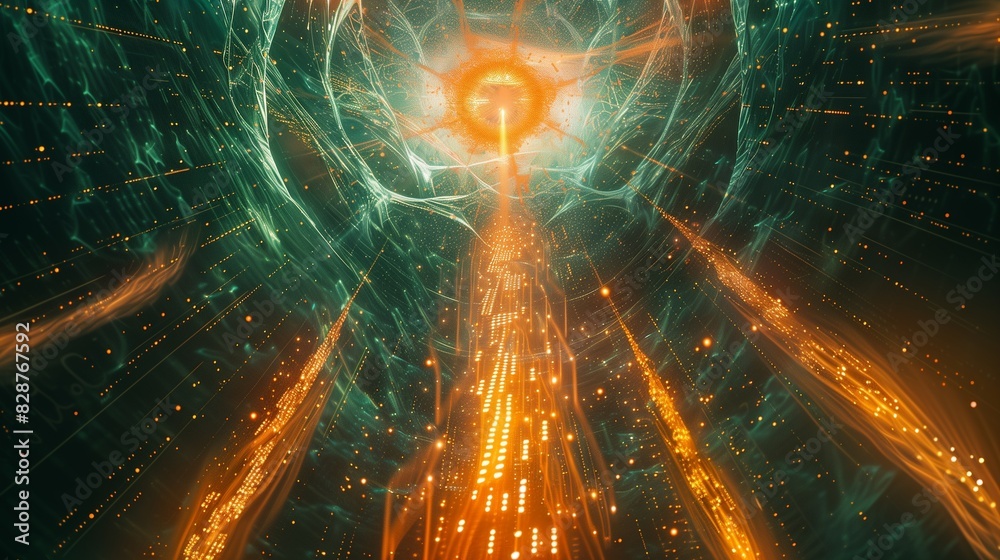 Within a virtual realm, data streams converge upon a central nexus ...